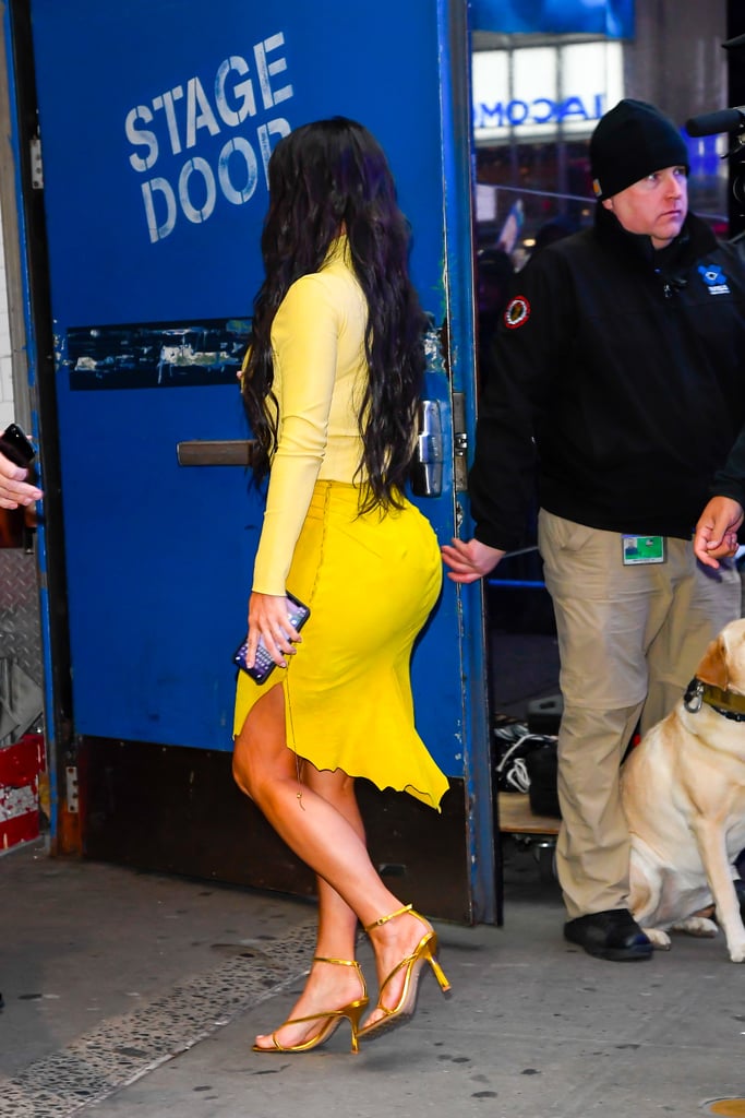 Kim Kardashian's Yellow Turtleneck and Suede Skirt in NYC | POPSUGAR ...
