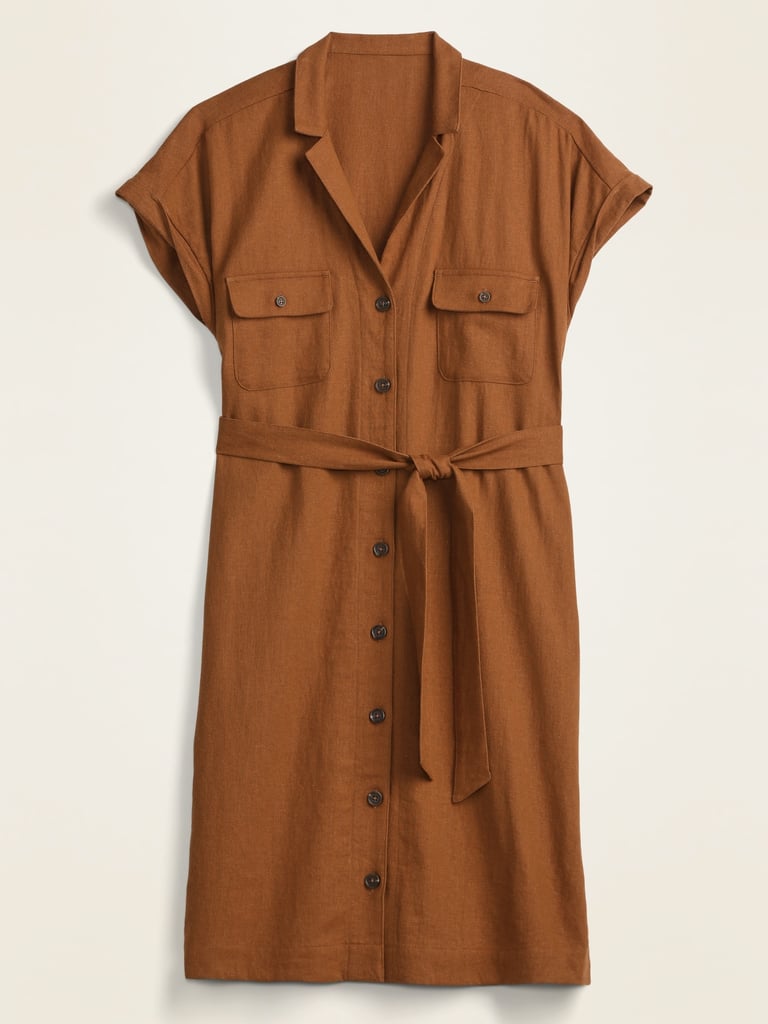 Linen Blend Utility Tie Belt Shirt Dress Comfortable Dresses For