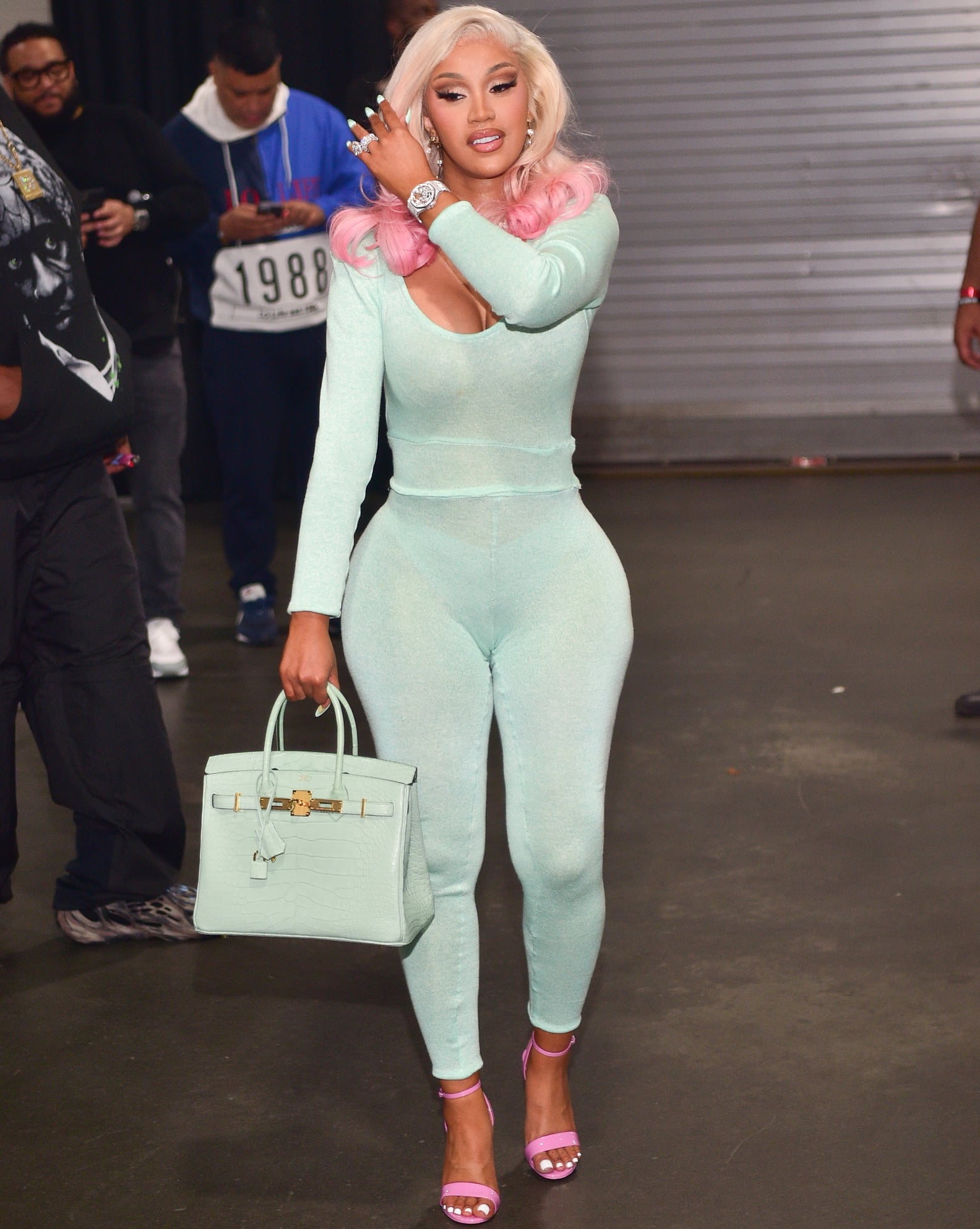 Cardi B's Mint Green Catsuit and Matching Hermès Kelly Bag | PS Fashion