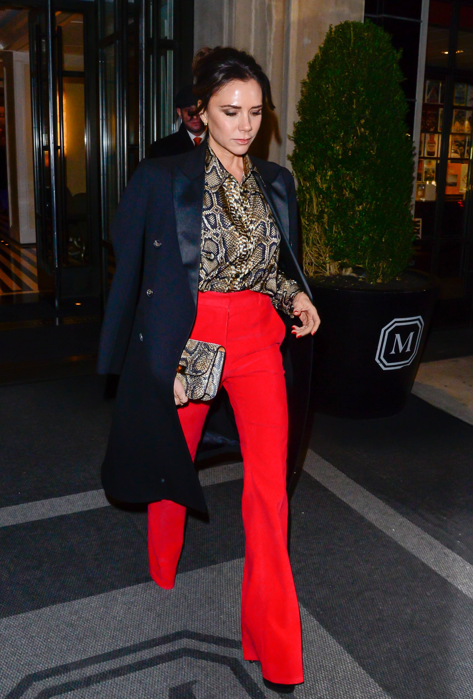 Victoria Beckham Red Pants and Snakeskin Blouse January 2019 | PS Fashion