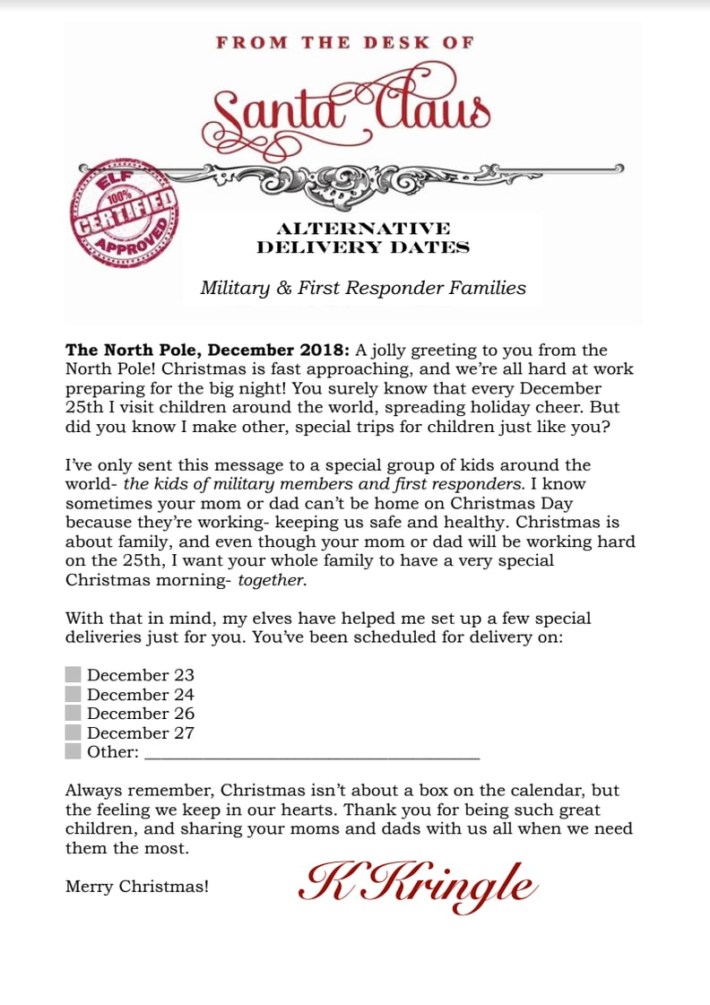 Santa's Alternative Delivery Dates Note For Working Parents | PS Family