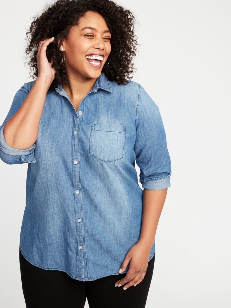 Old Navy Classic Chambray No-Peek Shirt | How to Channel the '90s Camp ... Old Navy Classic Chambray No-Peek Shirt | How to Channel the '90s Camp ...