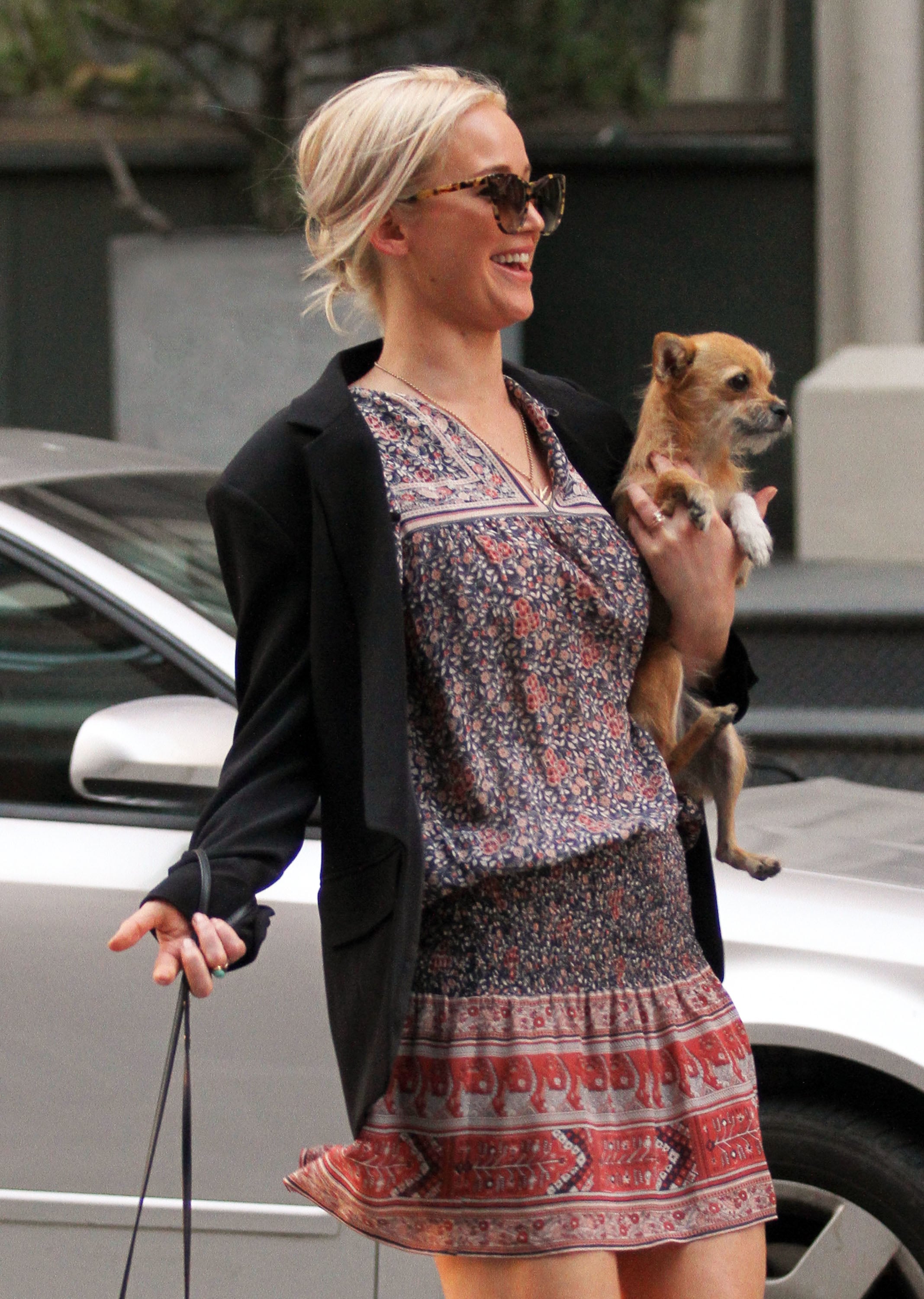 Jennifer Lawrence Takes Dog Pippi For A Walk In Nyc