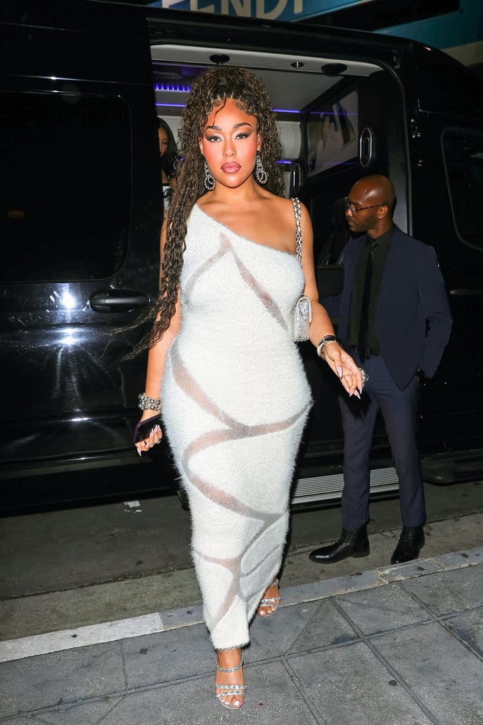 Jordyn Woods Wears White, Fuzzy, One-Shoulder Dress | POPSUGAR Fashion UK