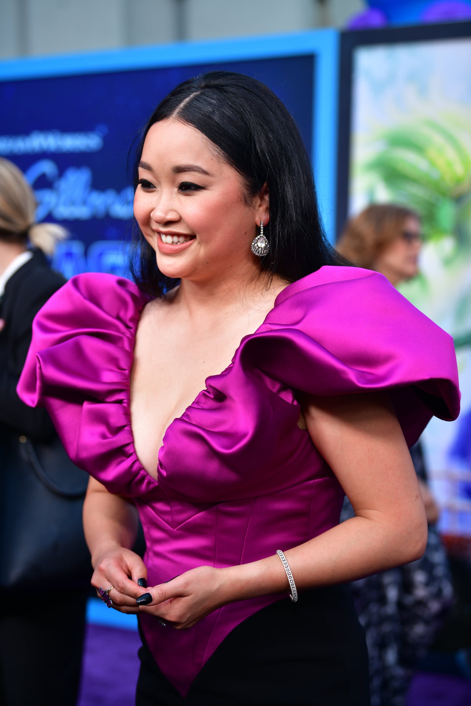 Lana Condor's Christian Siriano Purple Satin Corset Dress | PS Fashion