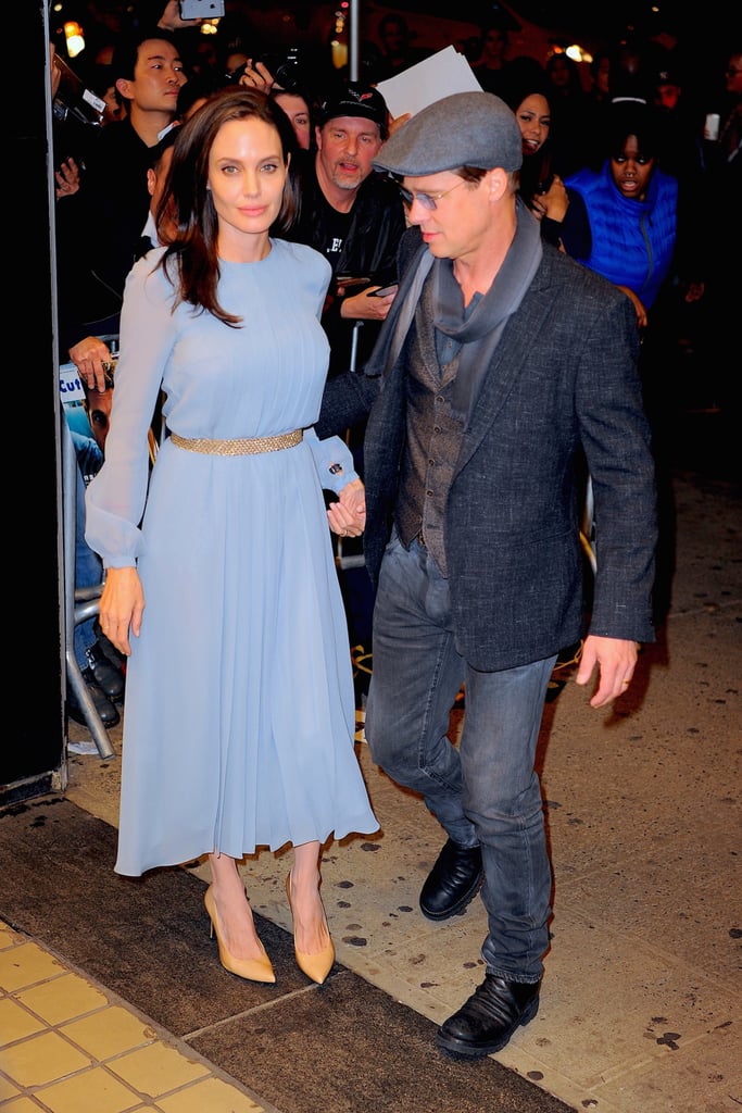 Angelina Jolie Wearing Blue Pleated Dress | POPSUGAR Fashion