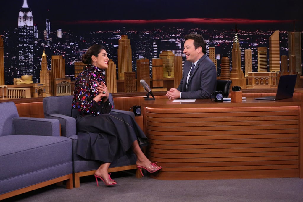 Priyanka Chopra Sequin Top And Clear Heels On Jimmy Fallon Popsugar Fashion