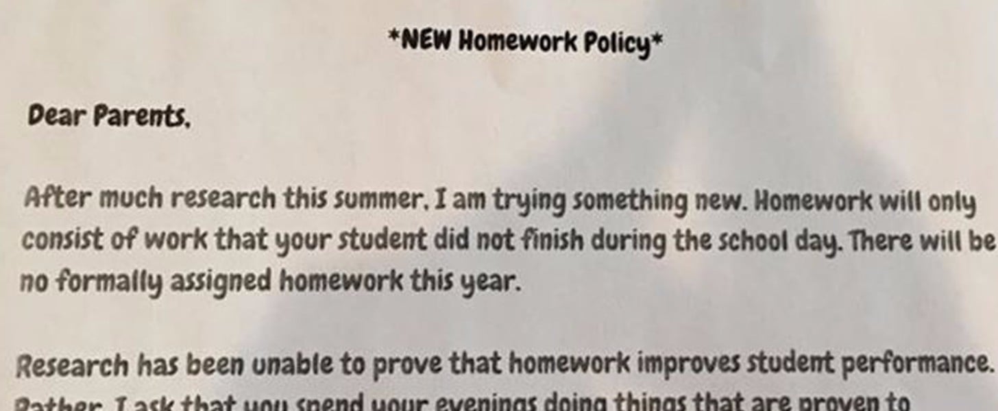 Teacher's No Homework Policy Note | PS Family