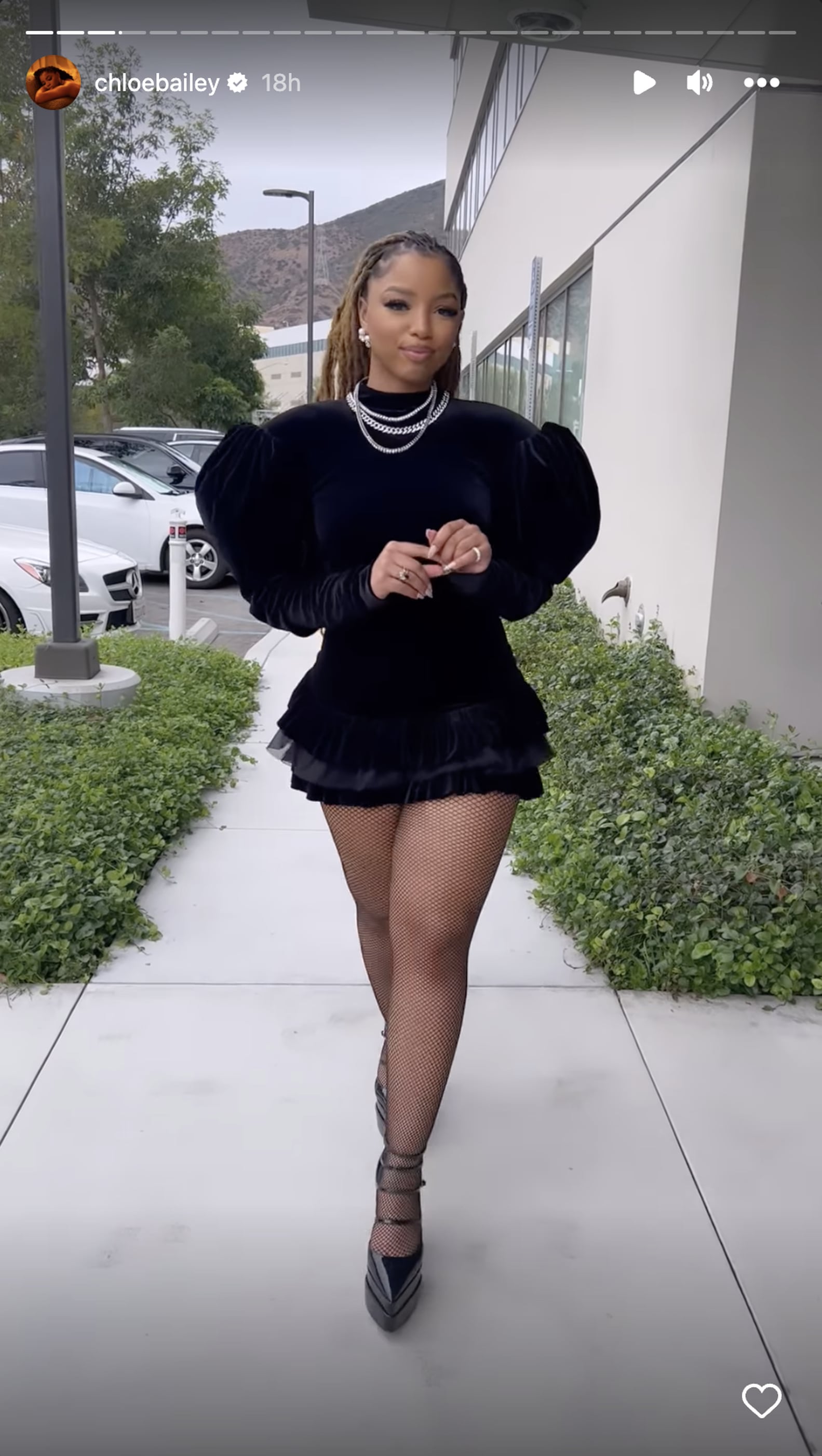 Chloe Bailey Wears Black Velvet Minidress and Fishnets | PS Fashion