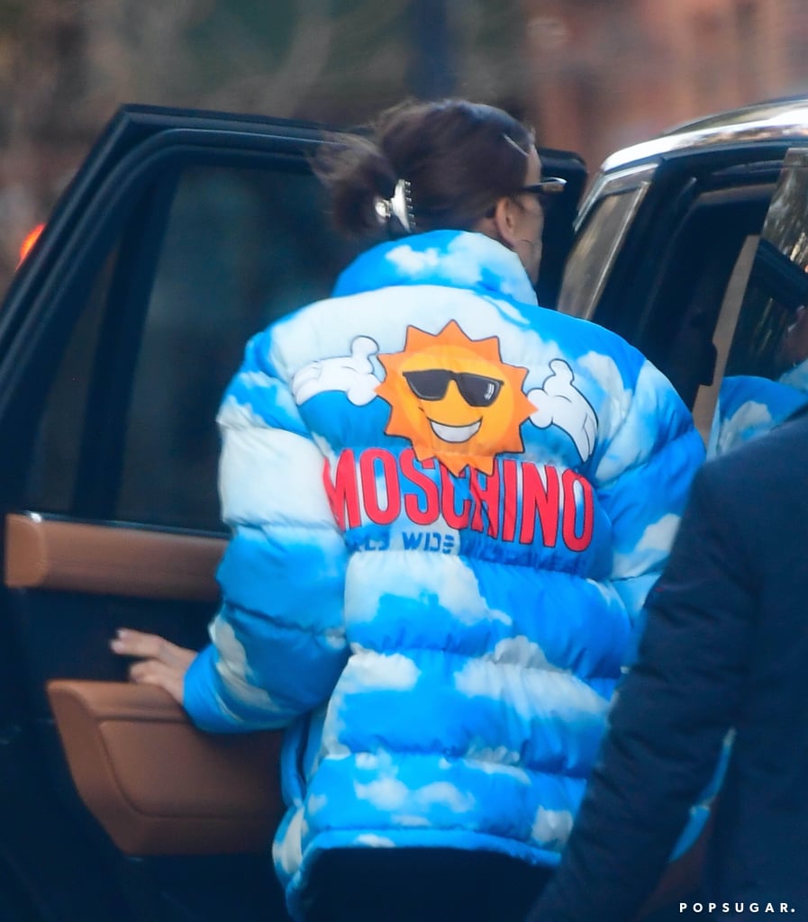 Irina Shayk Wearing a Cute Cloud-Print Moschino Puffer | POPSUGAR Fashion