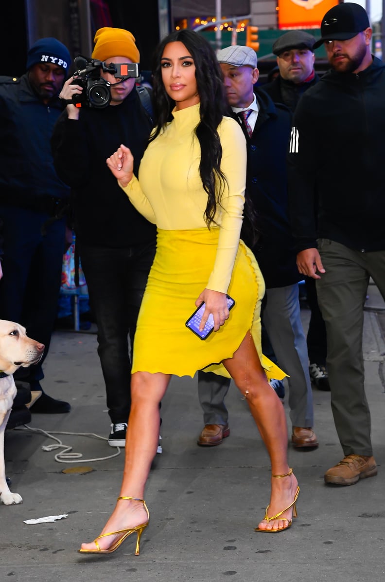 Kim Kardashian's Yellow Turtleneck and Suede Skirt in NYC | PS Fashion
