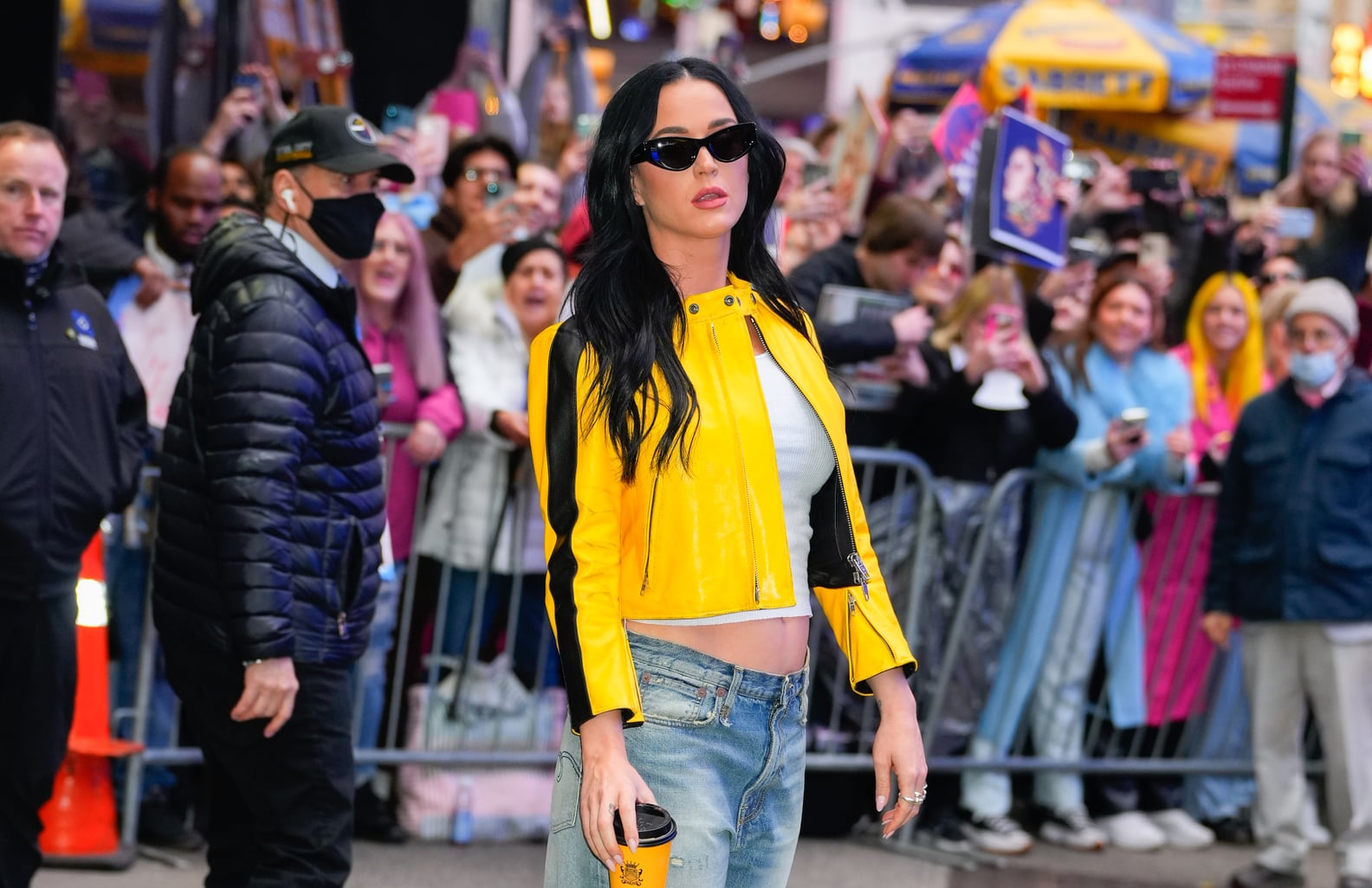 Katy Perry's Low-Rise Jeans and Yellow Moto Jacket in NYC | POPSUGAR ...