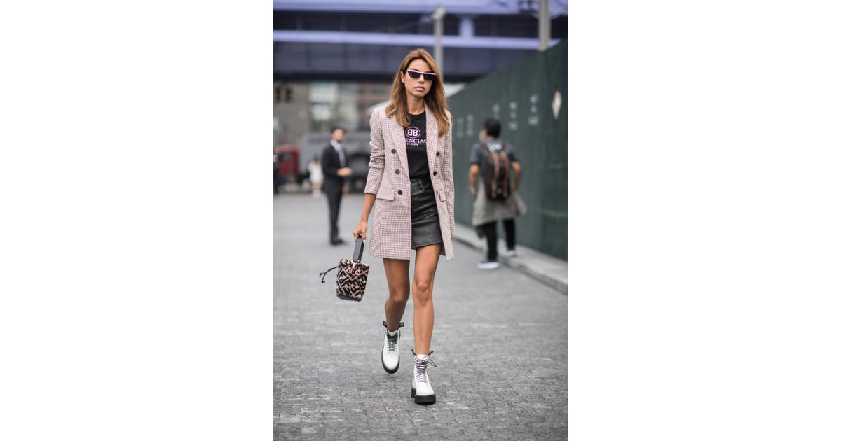 Toughen Up A Miniskirt And Blazer Outfit With Optic White Combat Mini