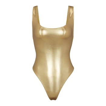 See Kim Kardashian Model the Skims Metallic Swim Collection | PS Fashion