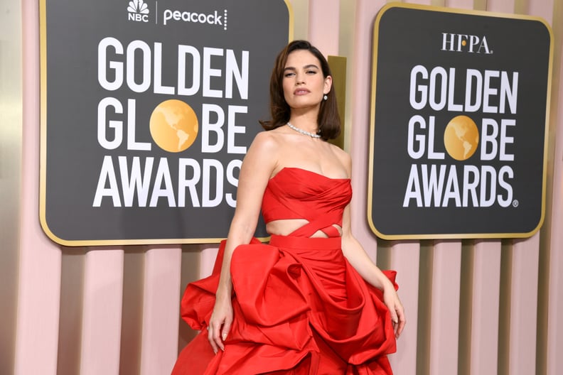 Lily James's Red Versace Dress at the 2023 Golden Globes | PS Fashion