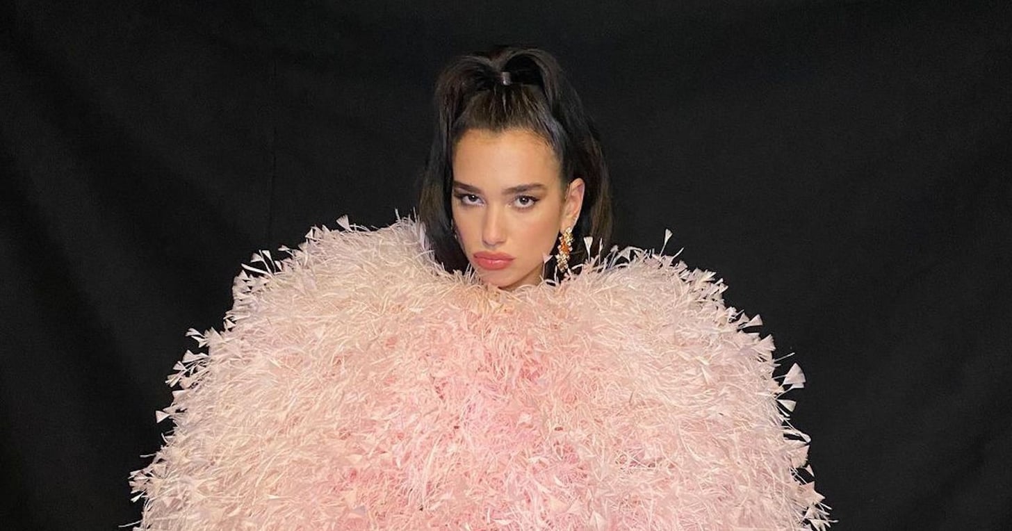 Dua Lipa Wearing Giant Pink Feathered Loofah Dress | PS Fashion