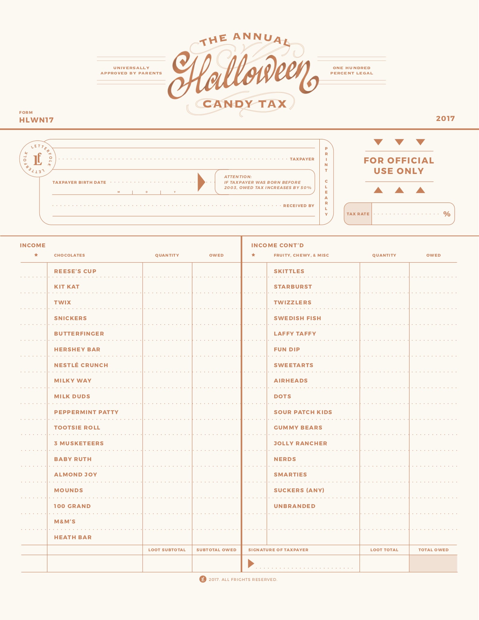 Letterfolk Halloween Parent Candy Tax Form | PS Family