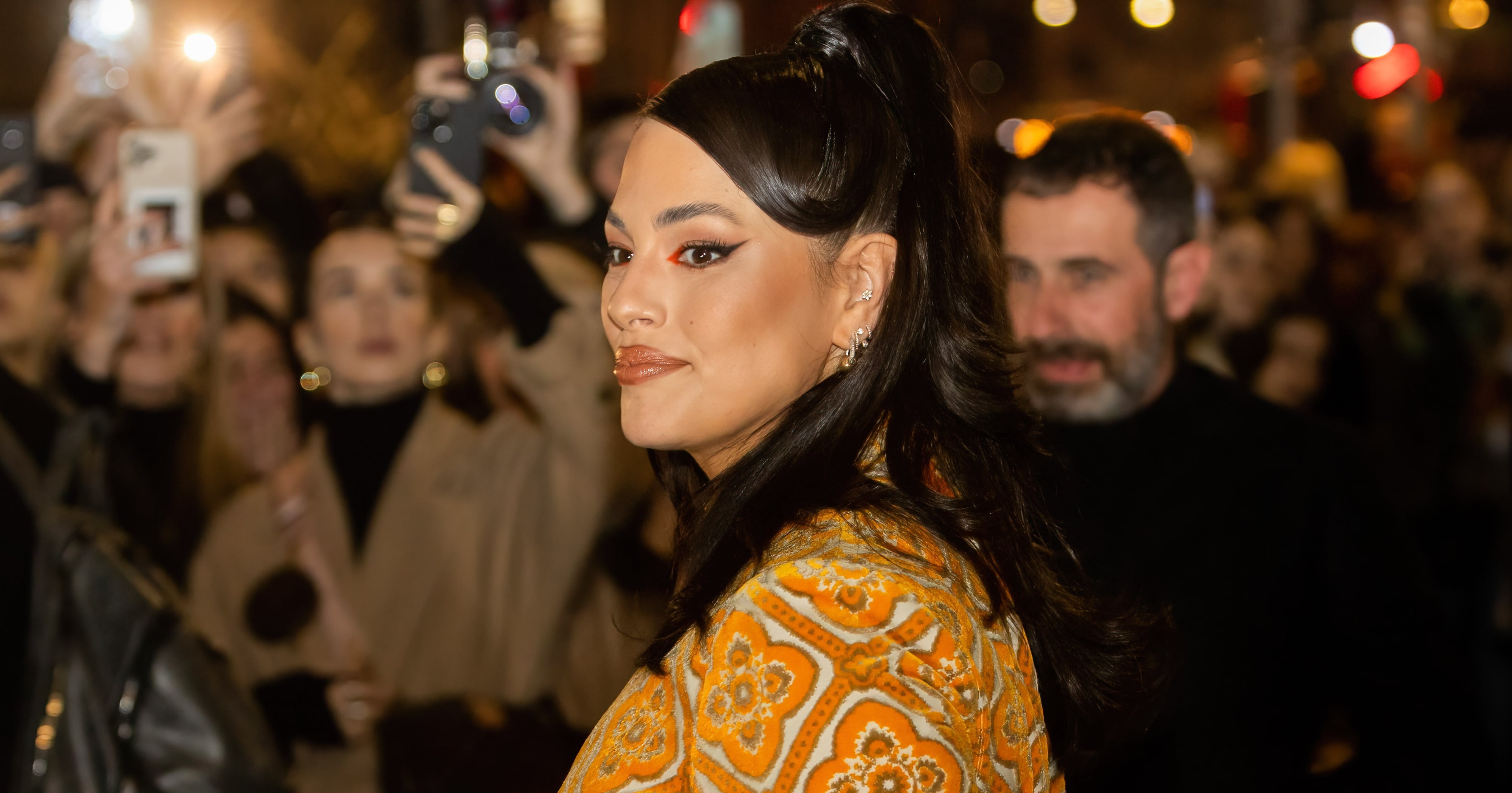 Ashley Graham Wears an Orange Miniskirt and Fur Coat at Etro | PS Fashion