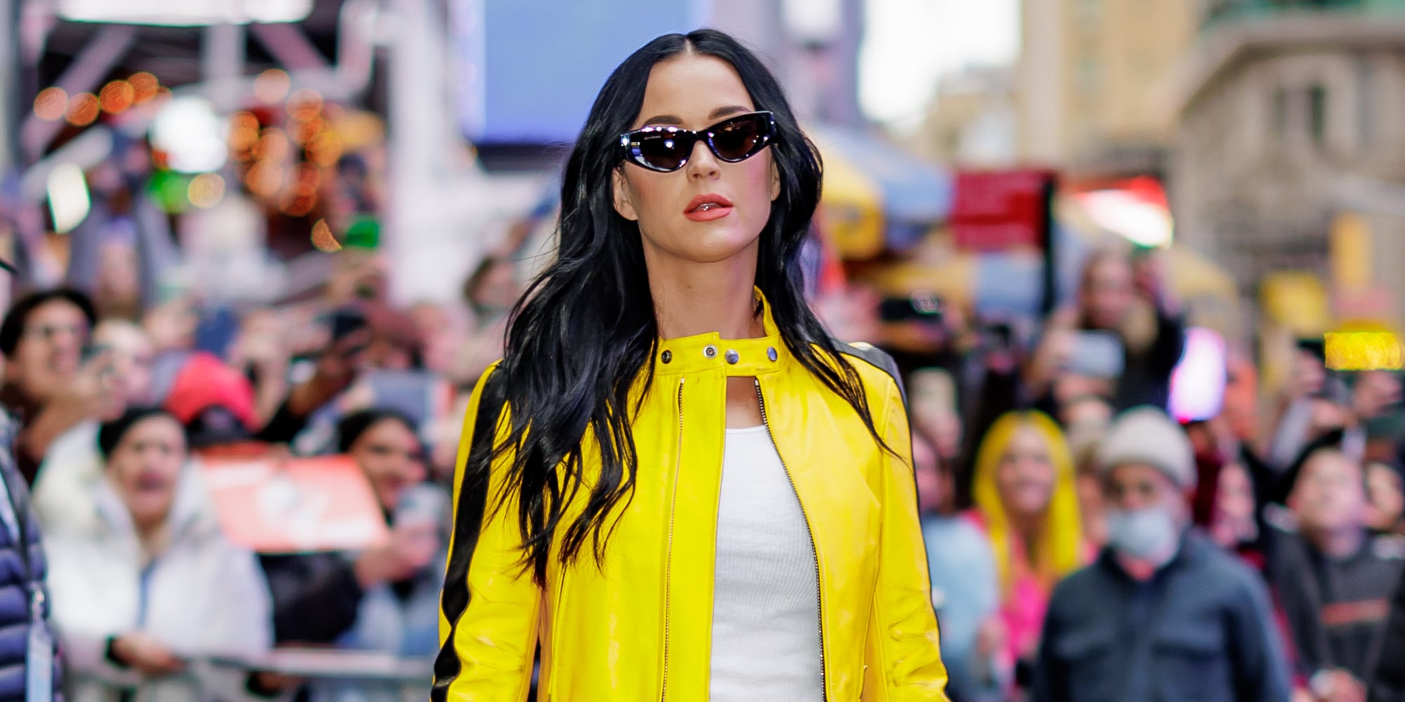 Katy Perry's Low-Rise Jeans and Yellow Moto Jacket in NYC | PS Fashion