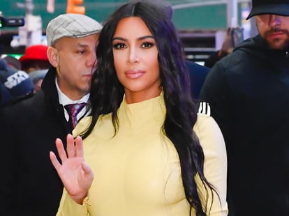 Kim Kardashian's Yellow Turtleneck and Suede Skirt in NYC | POPSUGAR ...