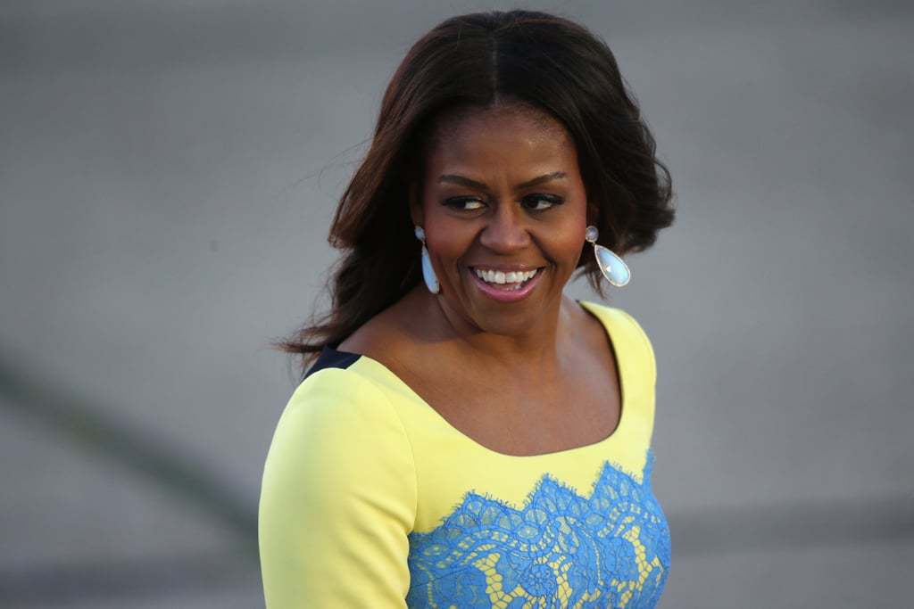Michelle Obama Wearing Blue and Yellow Lace Dress | POPSUGAR Fashion
