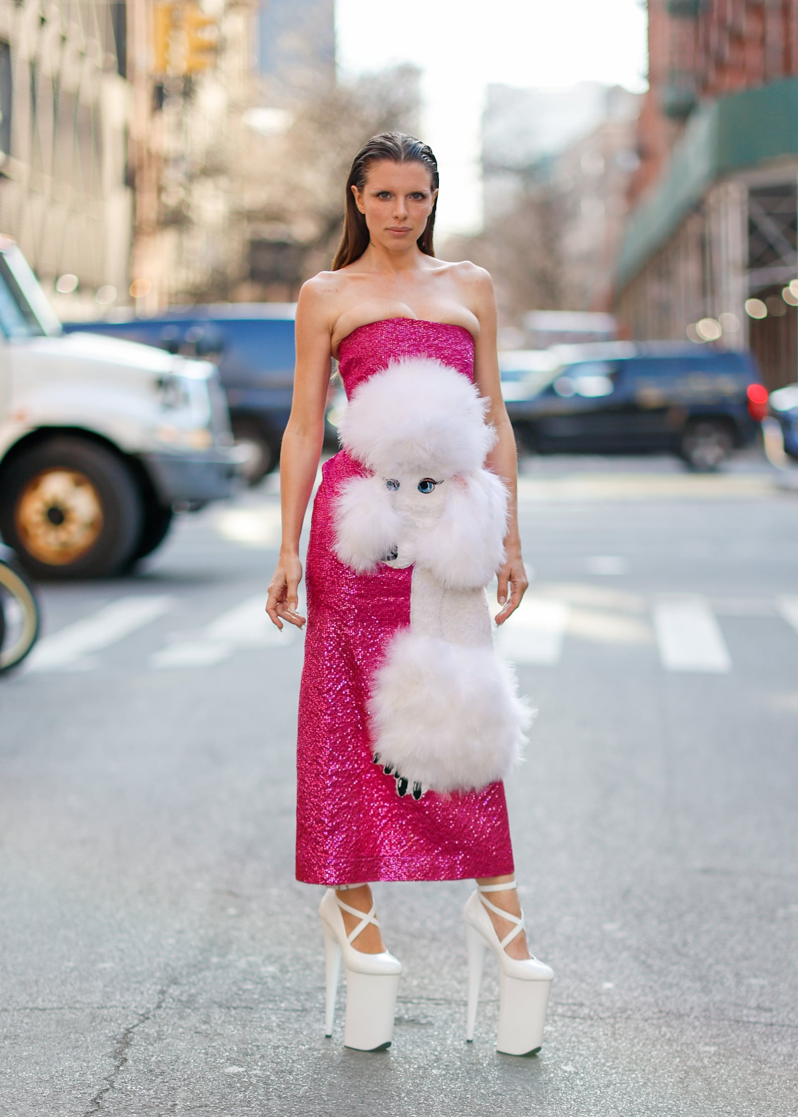Julia Fox Poodle Dress and Platforms at Fashion Week | PS Fashion