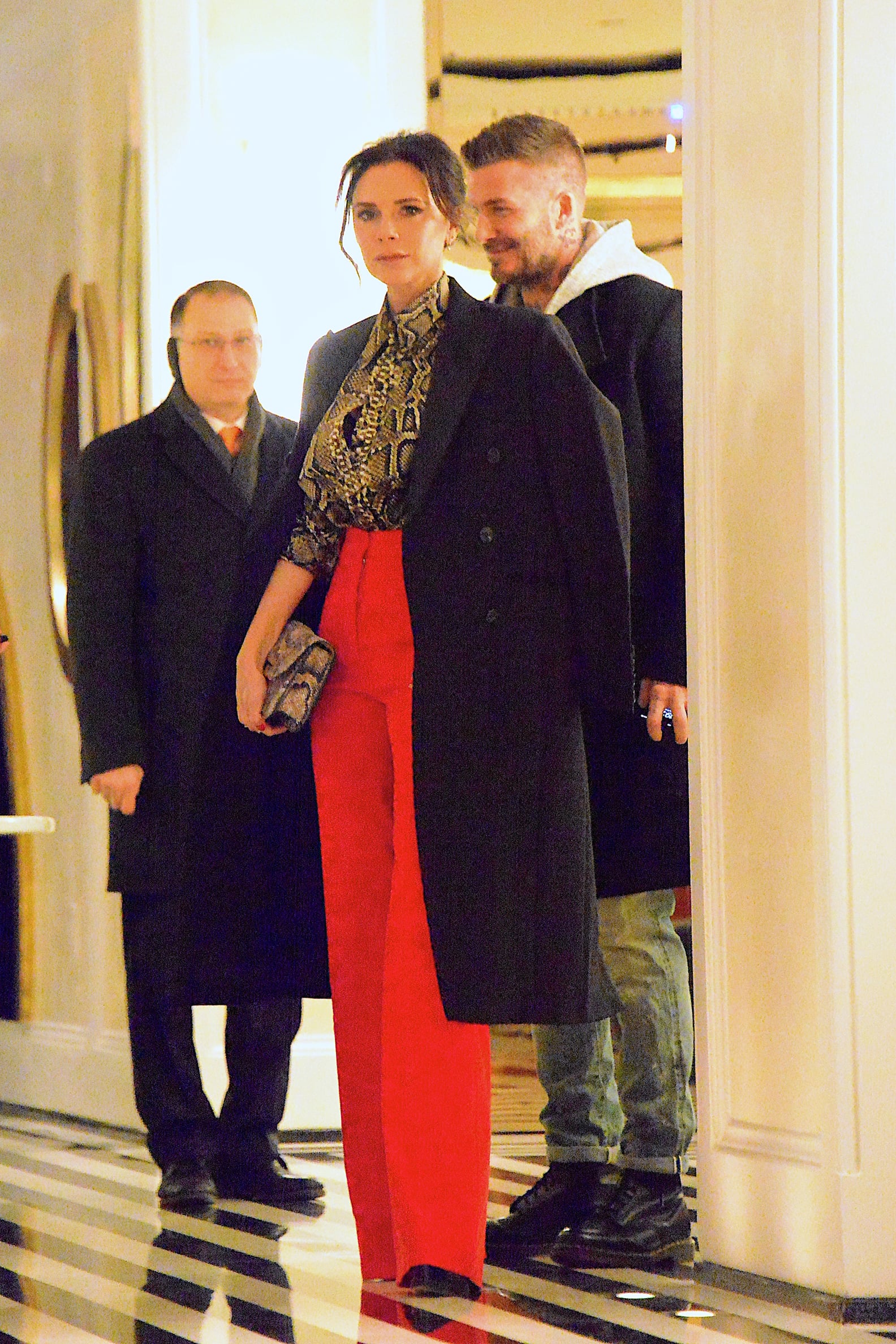 Victoria Beckham Red Pants and Snakeskin Blouse January 2019 | PS Fashion