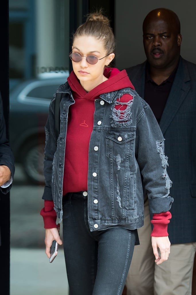 Gigi Hadid Wearing Distressed Denim Jacket | POPSUGAR Fashion