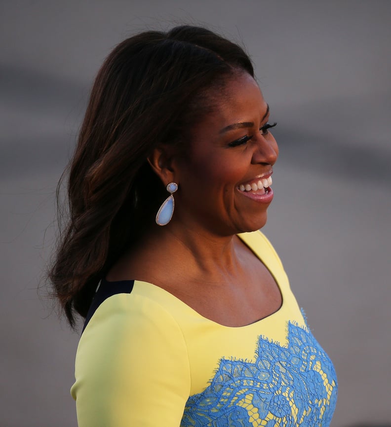 Michelle Obama Wearing Blue and Yellow Lace Dress | PS Fashion