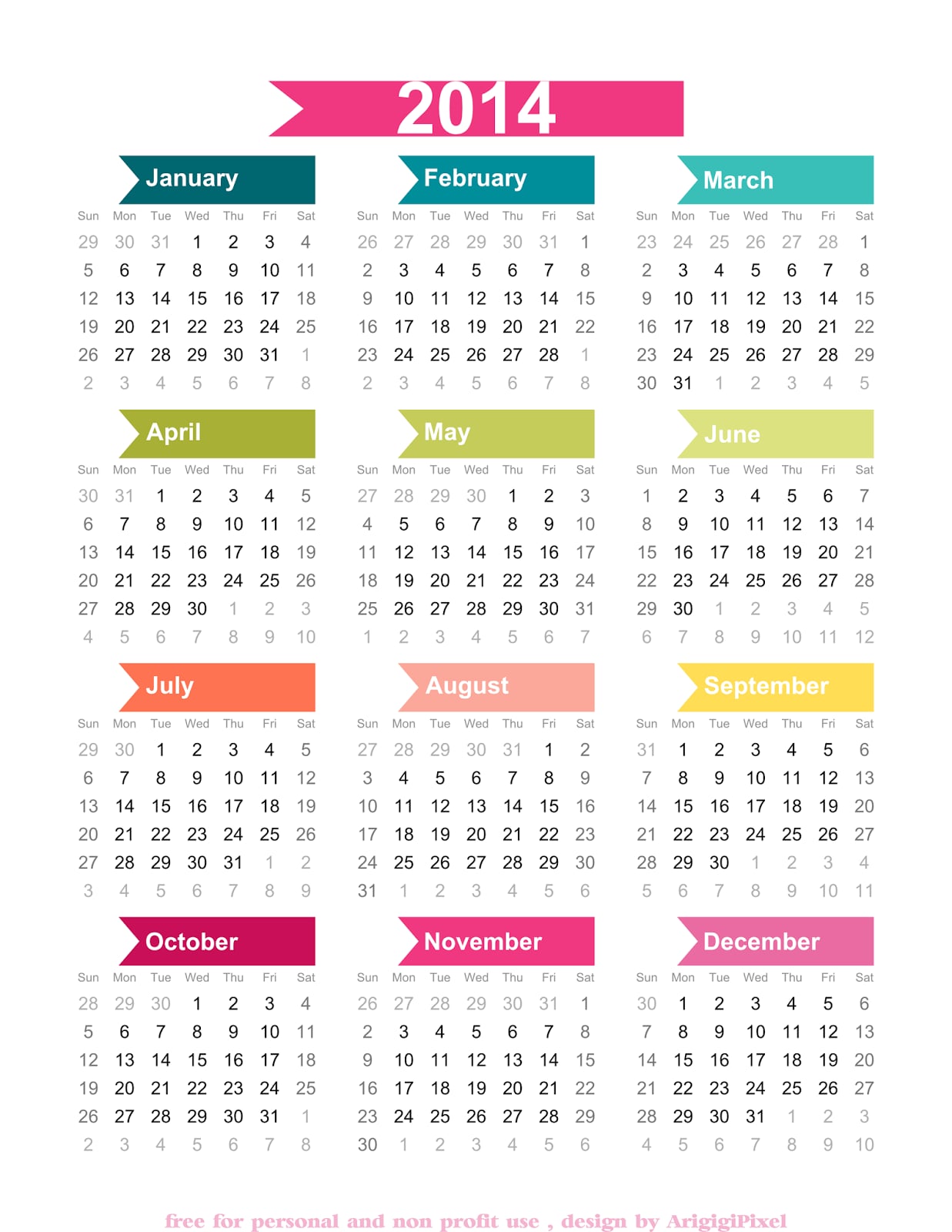 Yearly Calendar 2014 Printable With Holidays Free Printable January