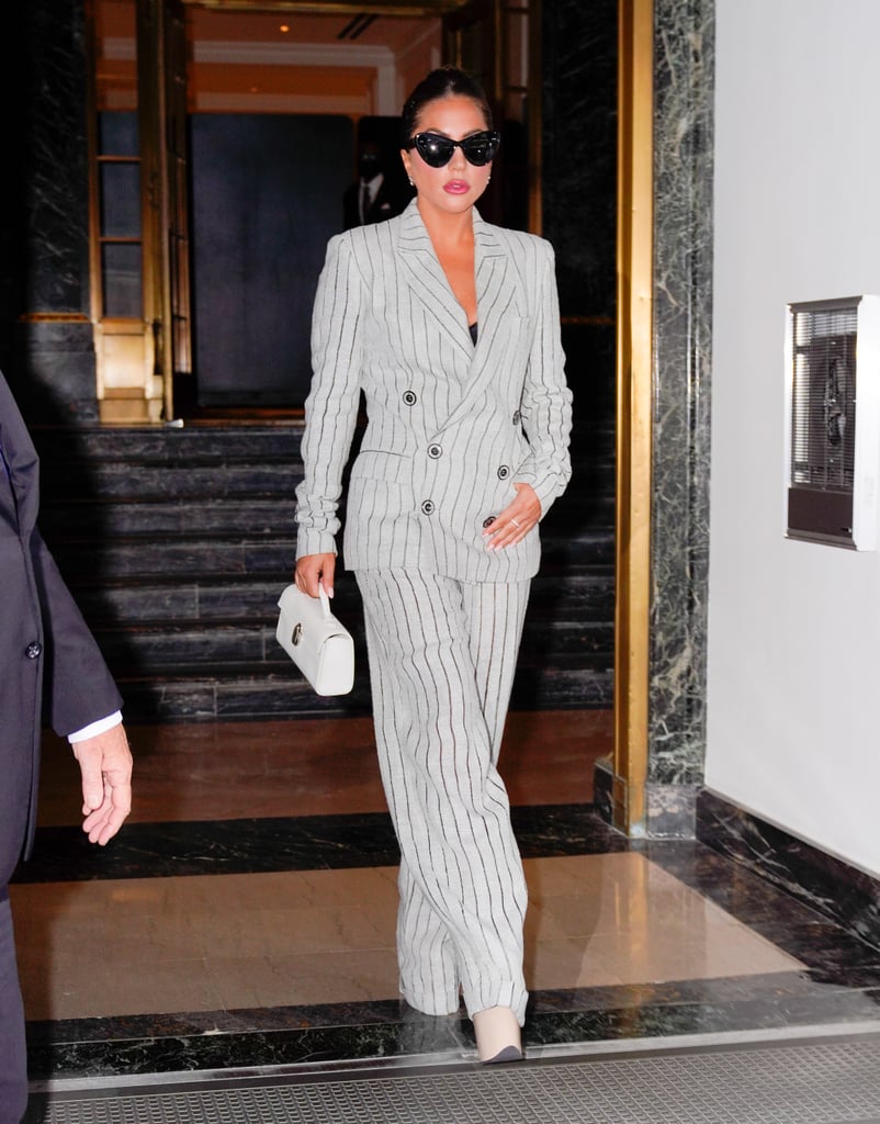 Lady Gaga's Pinstripe Jean Paul Gaultier Suit and Platforms | POPSUGAR ...