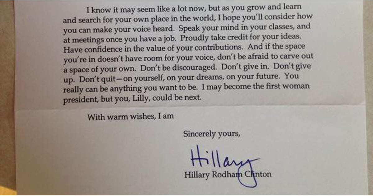 Hillary Clinton's Letter to Girl Who Wants to Go by Lillary | POPSUGAR ...