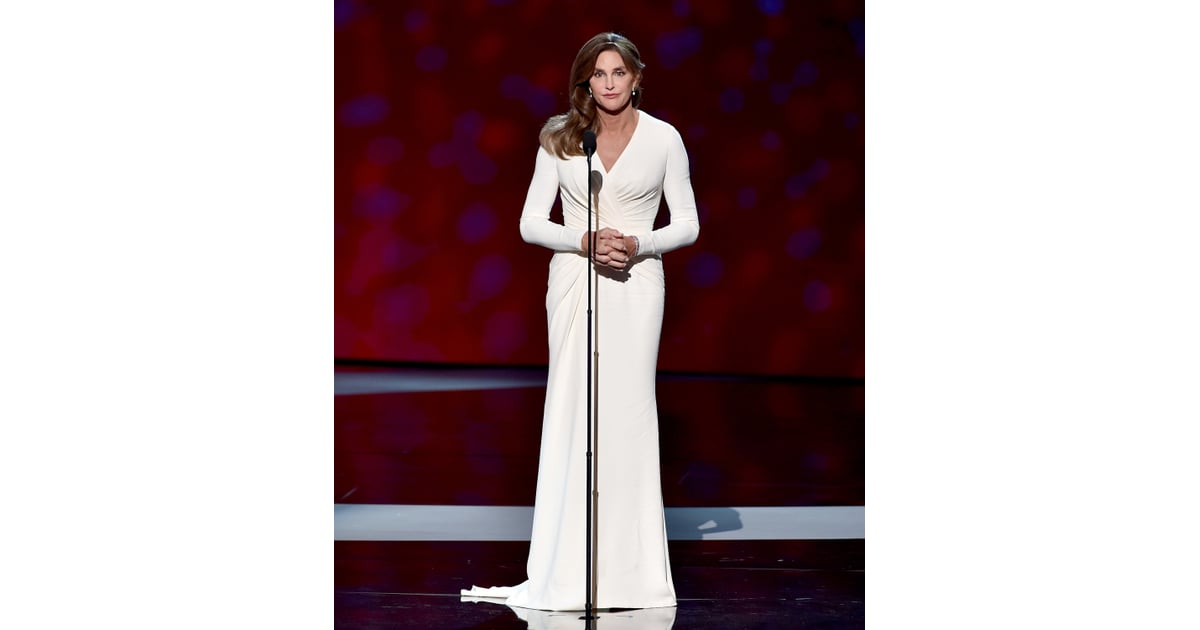 Caitlyn Jenner wore an elegant white Atelier Versace dress on stage ... Caitlyn Jenner wore an elegant white Atelier Versace dress on stage ...