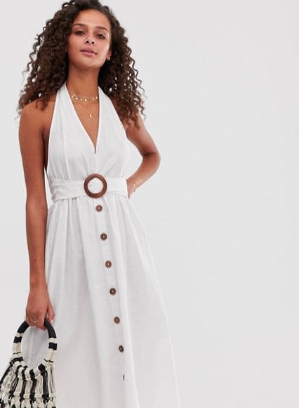 Asos Design Halter Neck Midi Button Through Linen Sundress With Buckle