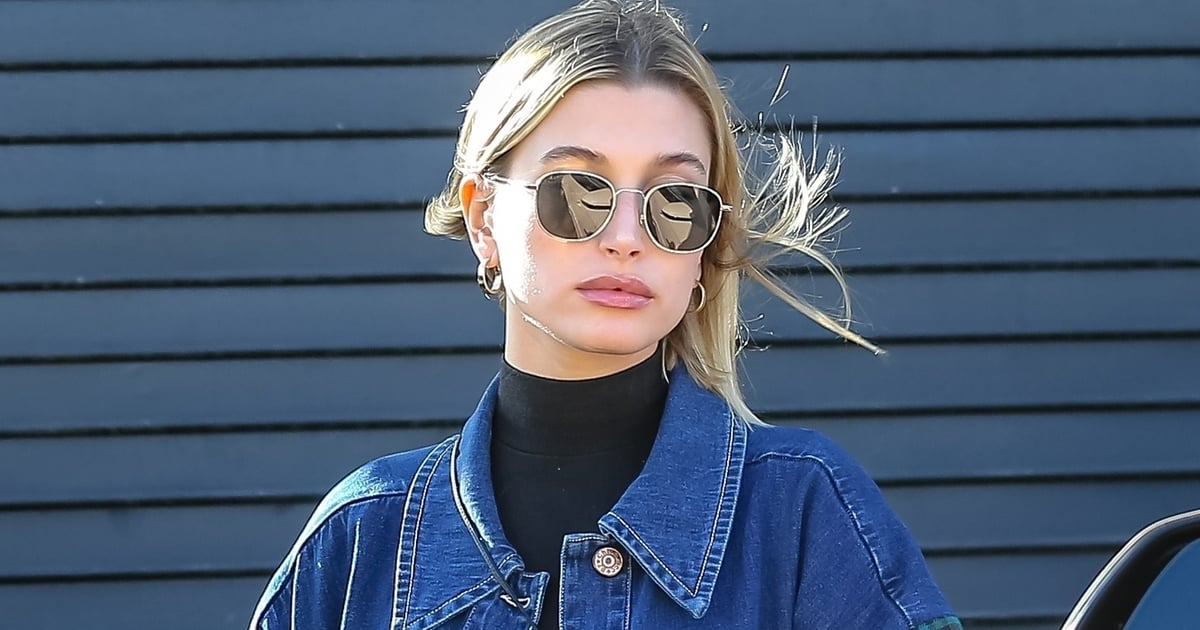 Hailey Bieber's Green Plaid and Denim Jacket | POPSUGAR Fashion