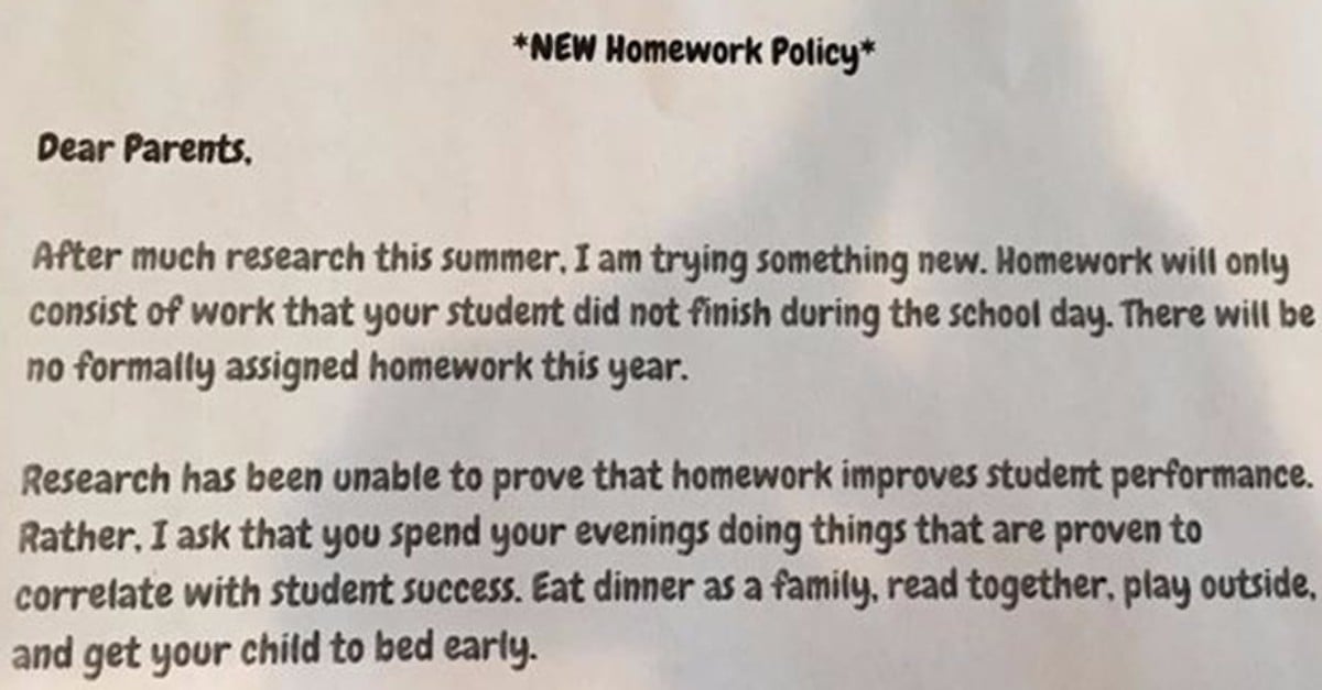 Teacher's No Homework Policy Note | PS Family