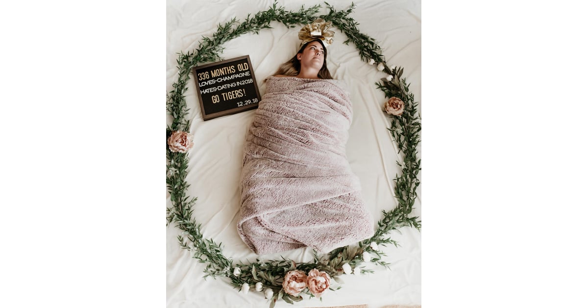 Woman Funny 336 Month Birthday Swaddle Photo Shoot Woman Goes Viral