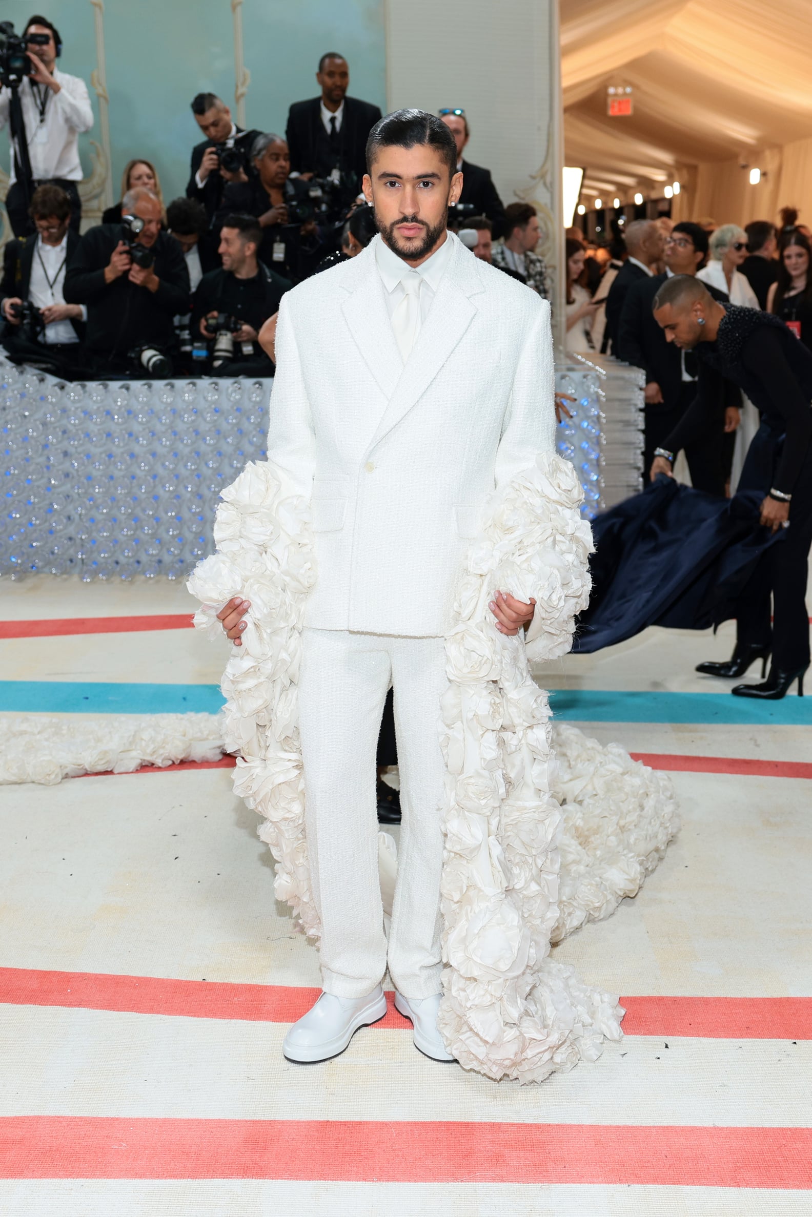 Bad Bunny's White Jacquemus Pantsuit With a Rosette Cape | PS UK Style