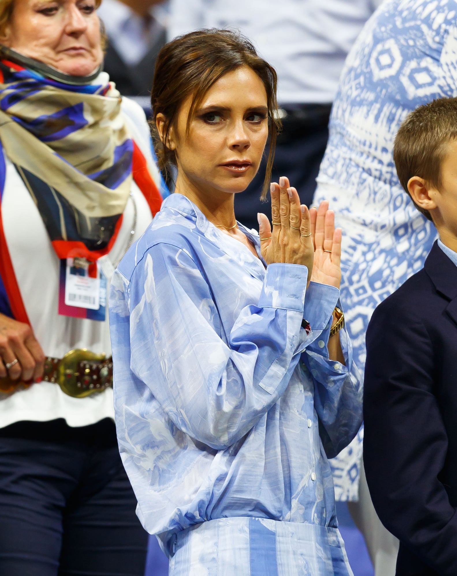 Victoria Beckham Wearing Blue Top and Skirt | PS Fashion