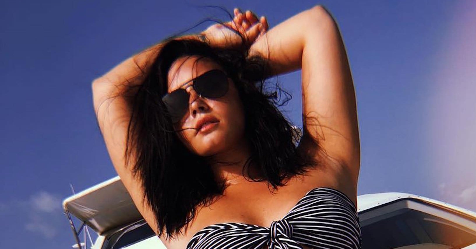 Demi Lovato Striped Cutout One Piece Swimsuit Popsugar Fashion