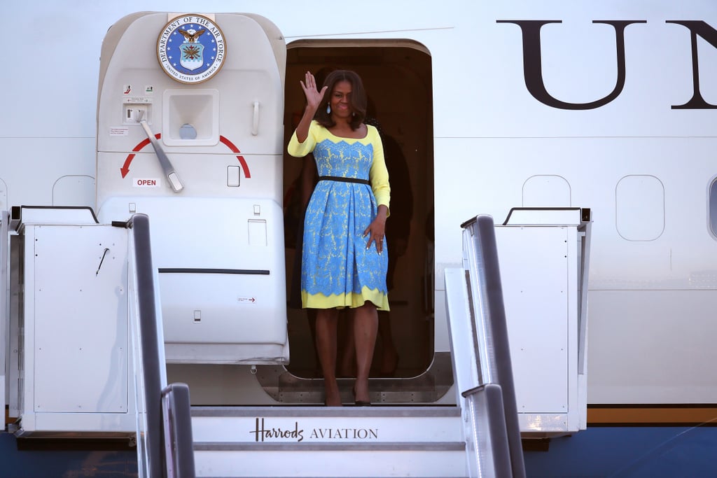 Michelle Obama Wearing Blue and Yellow Lace Dress | POPSUGAR Fashion
