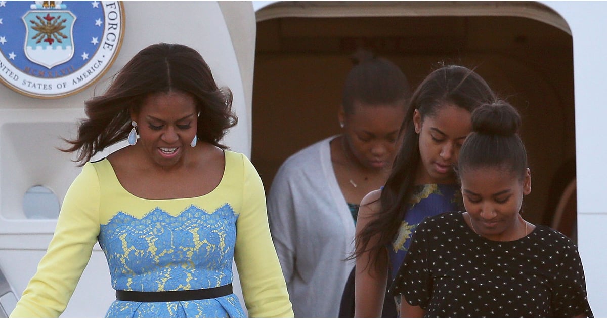 Michelle Obama Wearing Blue and Yellow Lace Dress | POPSUGAR Fashion