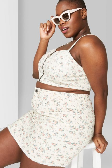Wild Fable Plus Size Floral Print Strappy V Neck Zip Front Denim