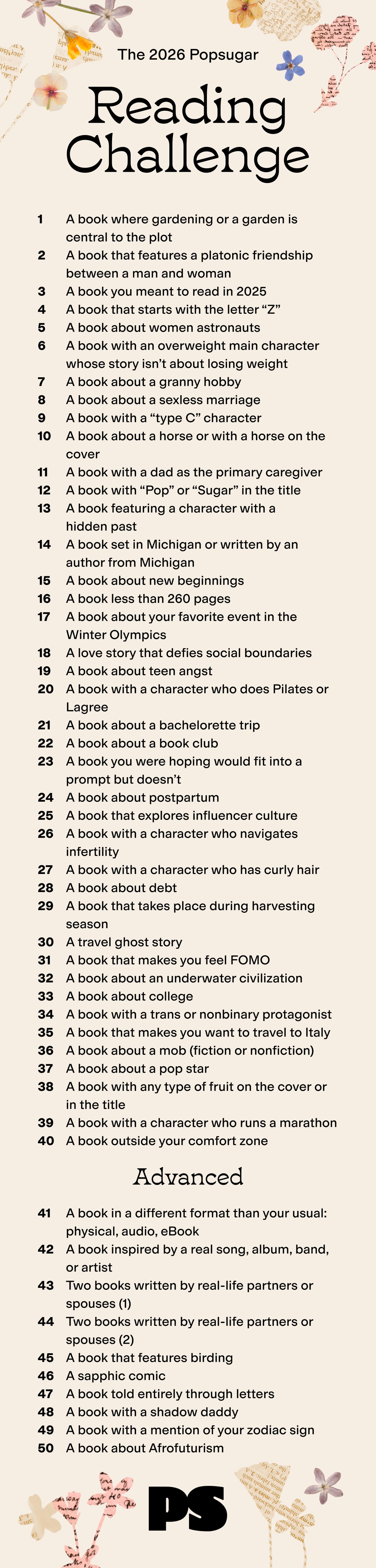 Popsugar Reading Challenge 2026 Prompt List Ps Books