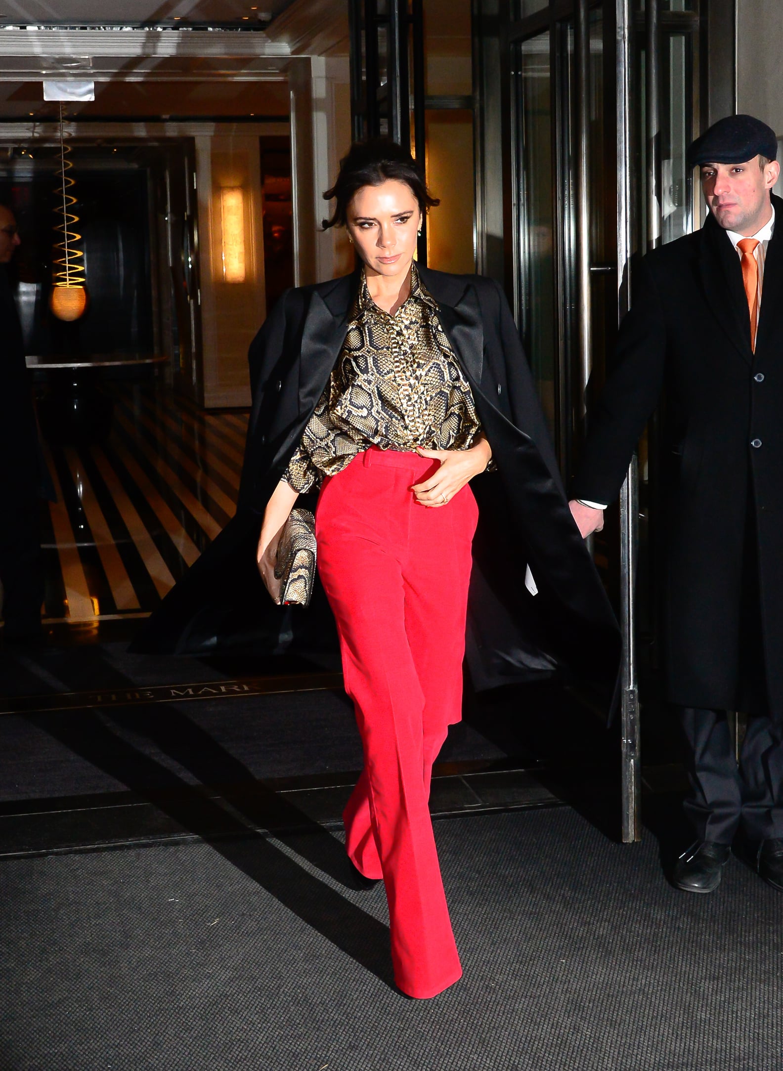 Victoria Beckham Red Pants and Snakeskin Blouse January 2019 | PS Fashion