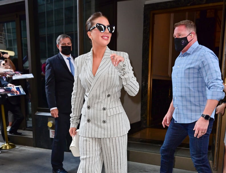 Lady Gaga's Pinstripe Jean Paul Gaultier Suit and Platforms | PS Fashion