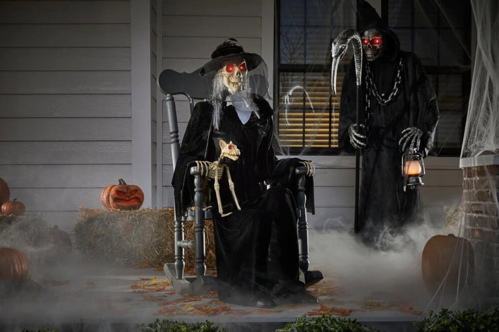 Animated LED Rocking Chair Skeleton With Cat | Home Depot Halloween ...