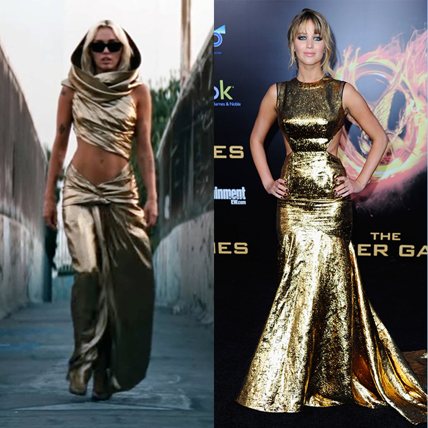 Miley Cyrus and Jennifer Lawrence Gold Dresses | PS UK Fashion