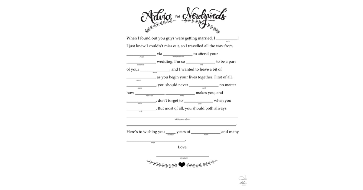 Advice To Newlyweds Free Printable Wedding Mad Libs Popsugar Smart