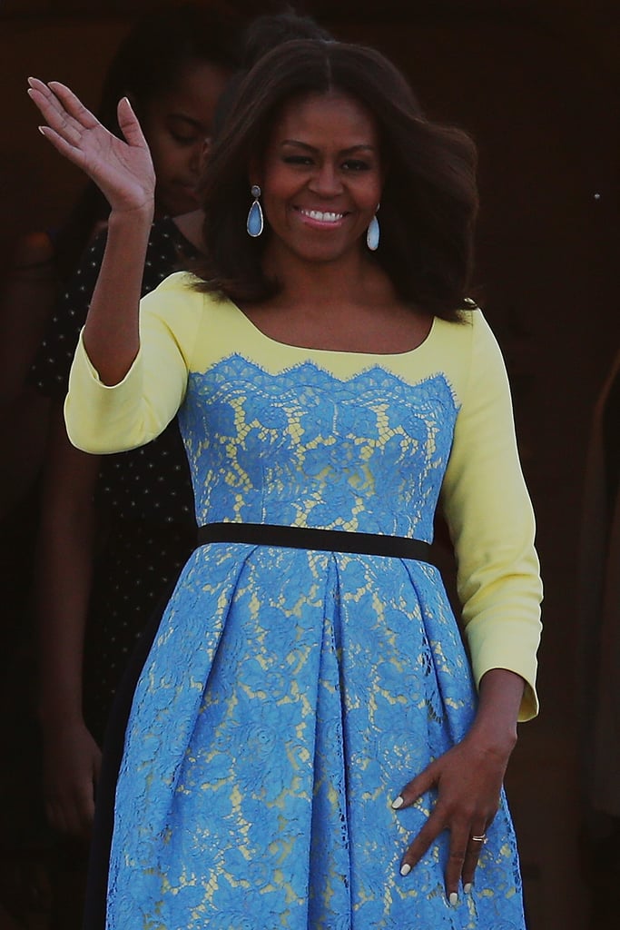 Michelle Obama Wearing Blue and Yellow Lace Dress | POPSUGAR Fashion